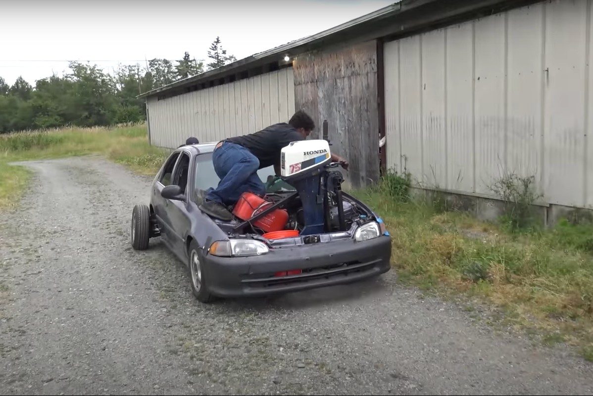 Guys Swap Boat Motor in Honda Civic, But Will It Run? - alt_driver